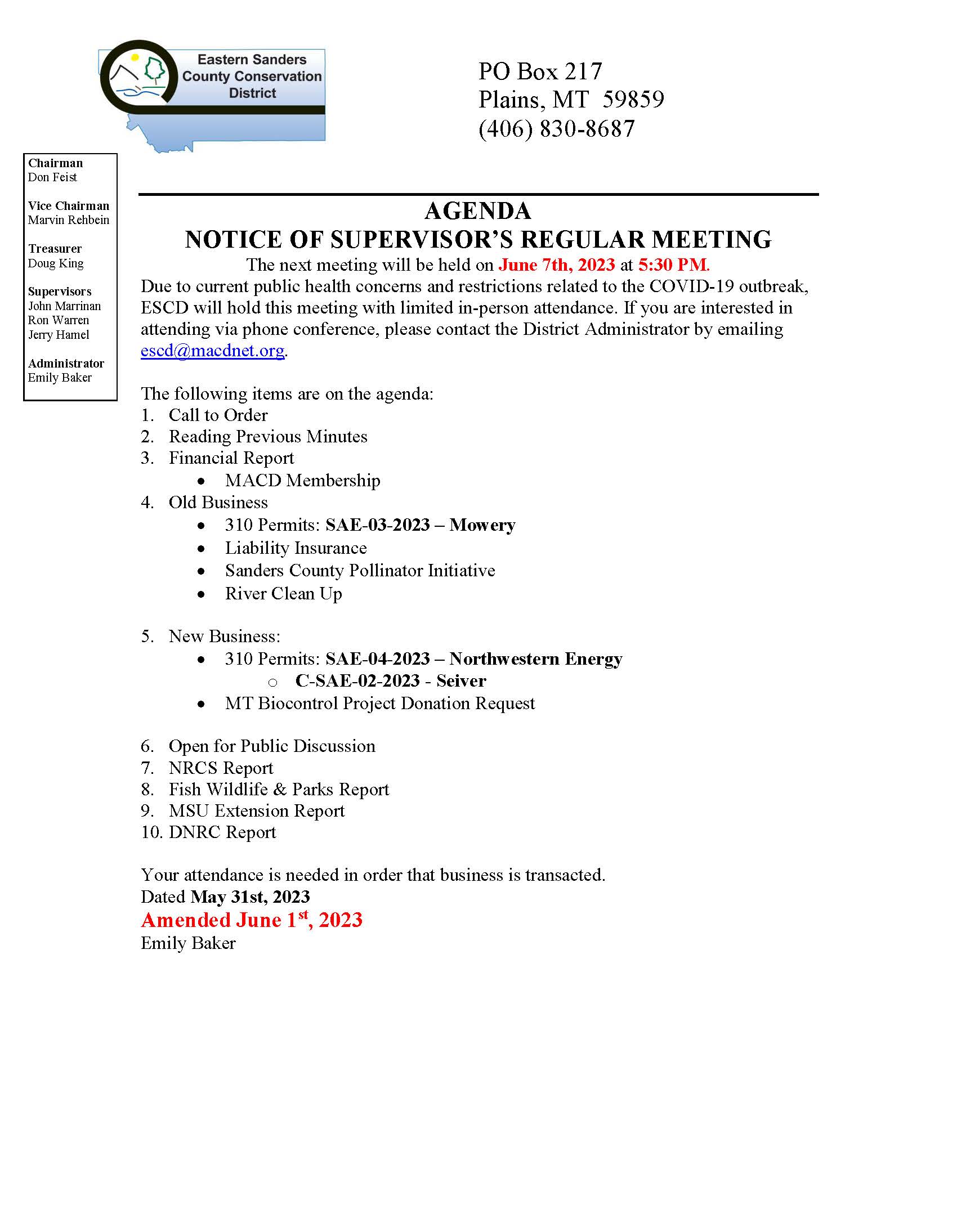 June 7th, 2023 Agenda *AMENDED* | Eastern Sanders County Conservation District