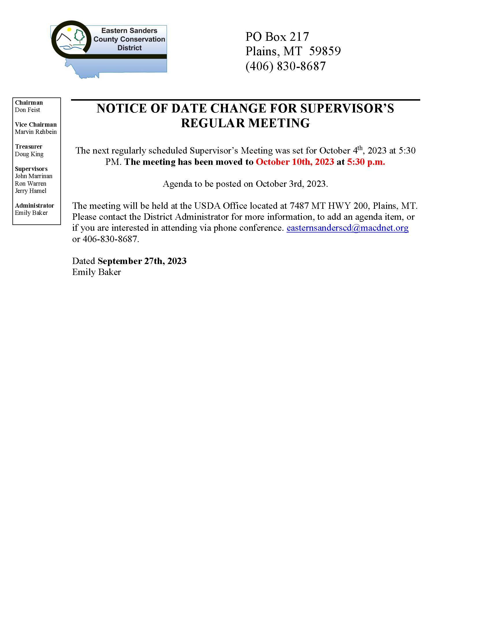 October 2023 Meeting Moved Notice | Eastern Sanders County Conservation District